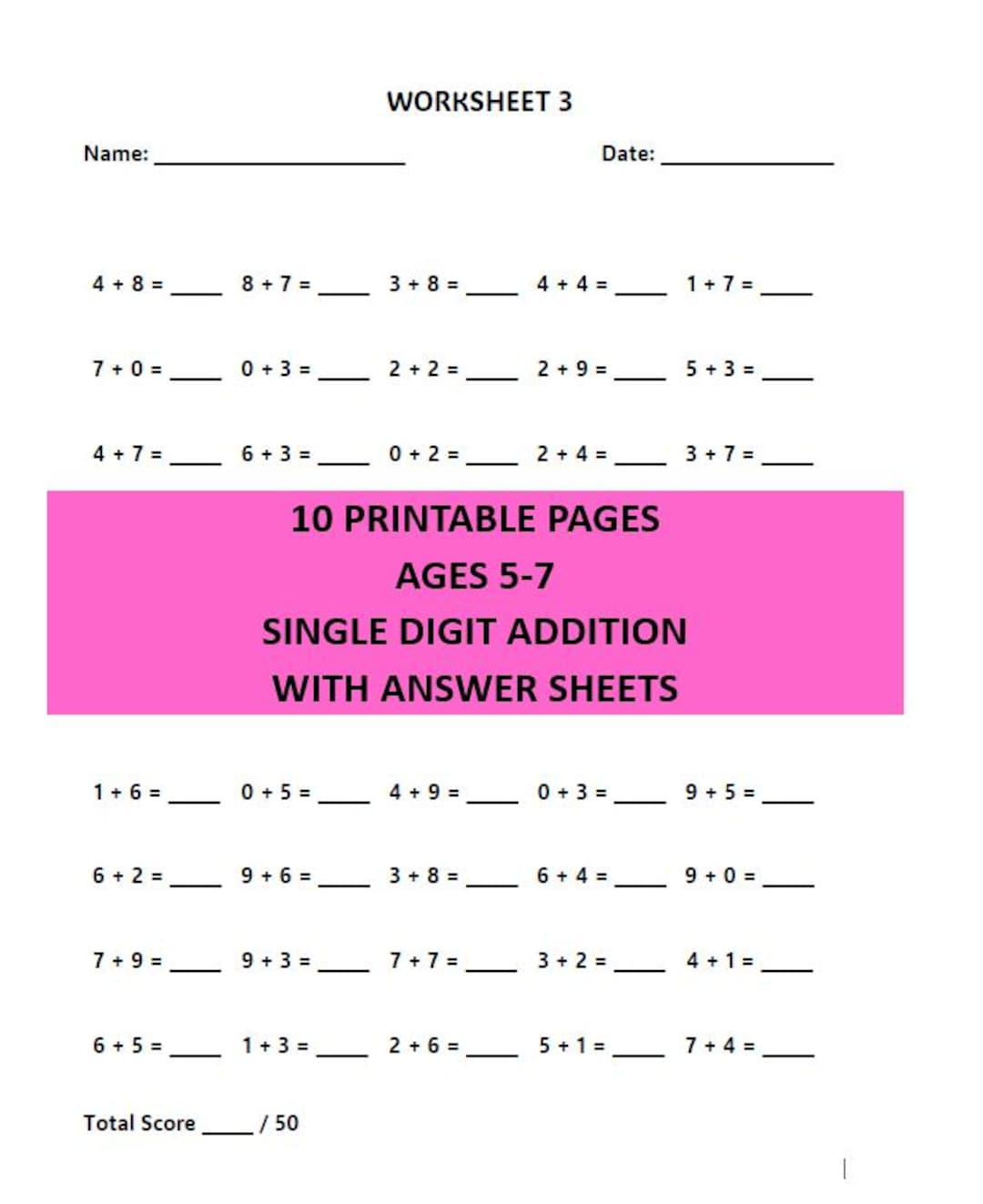Printable Addition Worsheets With Answers - Primary - Etsy