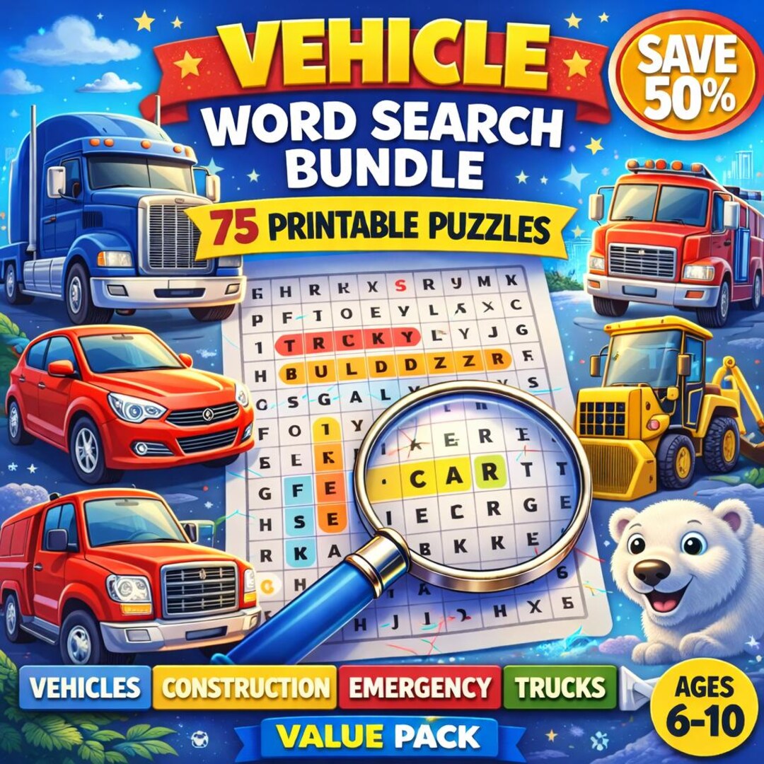 Vehicle Word Search Bundle – 75 Printable Puzzles for Kids Ages 6-10 - Etsy