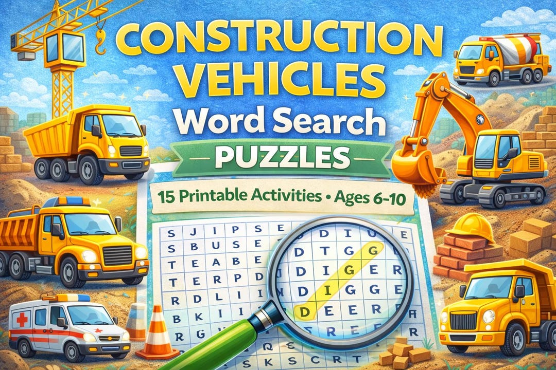Construction Vehicles Word Search Printable for Kids Ages 6–10 | Truck ...