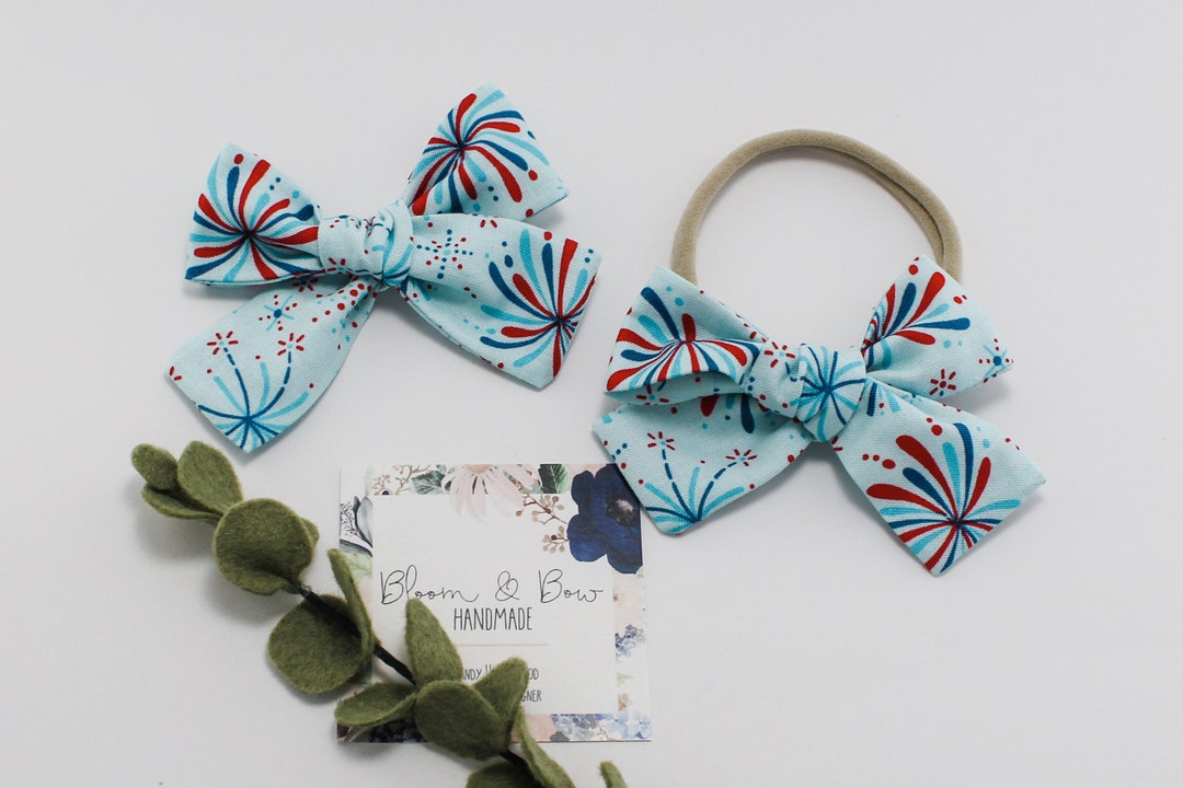 4th of July Fireworks Hand Tied Fabric Hair Bow Headband or Scrunchie ...