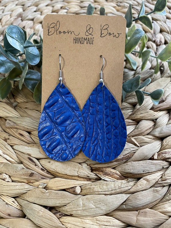 BloomandBowHandmade Leather Earrings Royal Blue Alligator Embossed Leather Teardrop Earrings Leather Leaf Earrings Genuine Leather Accessories