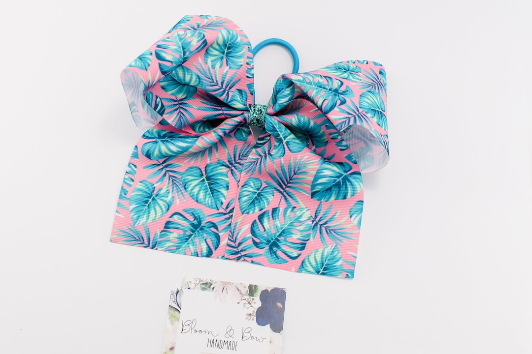 Tropical Leaves Cheer Bow | Large Bow for Ponytail | Pink and Teal Hair ...