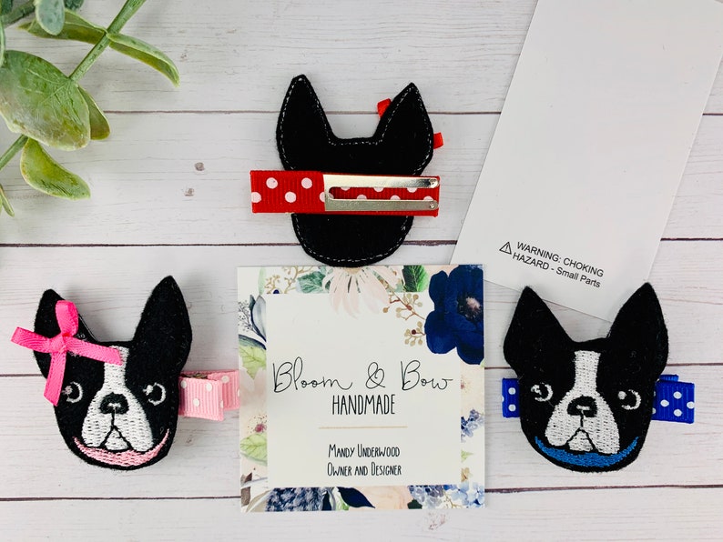 Boston Terrier Hair Clip | Dog Hair Bow | Embroidered Felt Barrette - Etsy