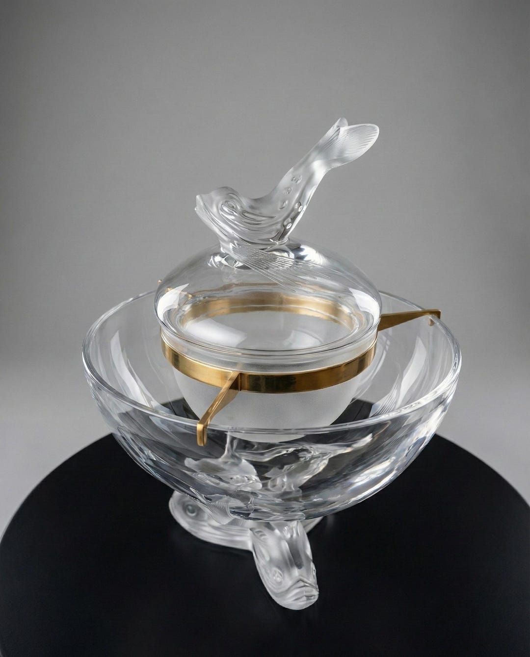 Lalique France Igor Crystal Caviar Bowl Set – Frosted Fish Finial ...
