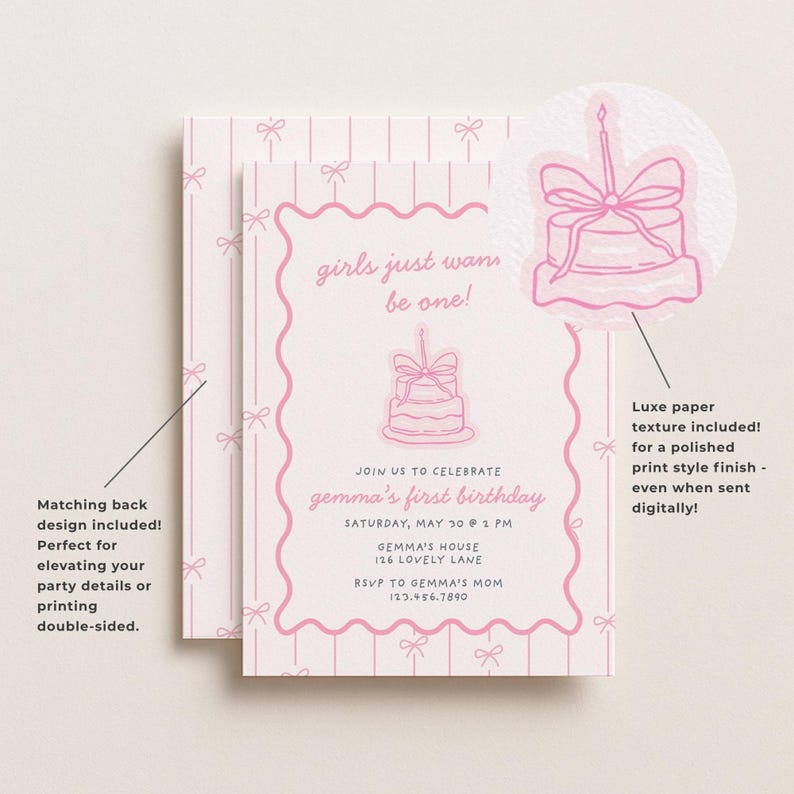 Girls First Birthday Invitation | Pink Bow Coquette Theme (digital ...