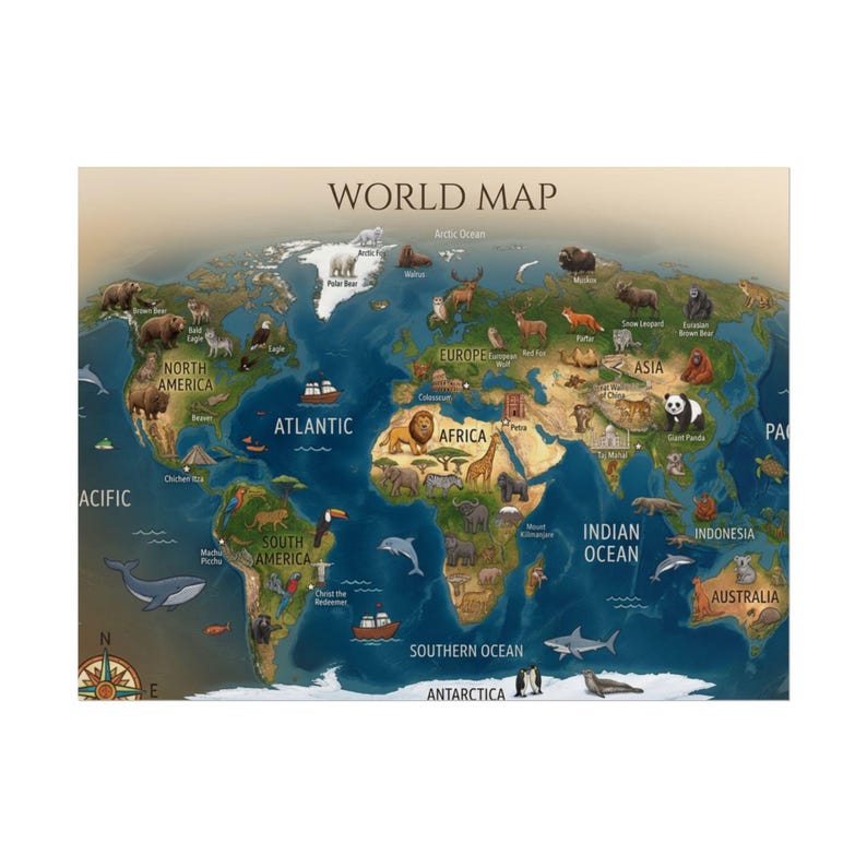 Safari Animals World Map Poster: Educational Geography Print for Kids ...