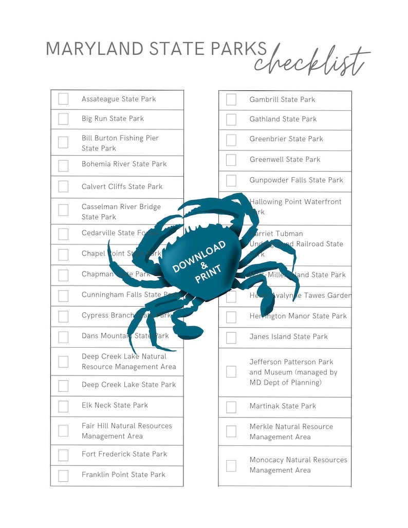 Maryland State Park Checklist, Maryland Bucket List, Travel Checklist ...