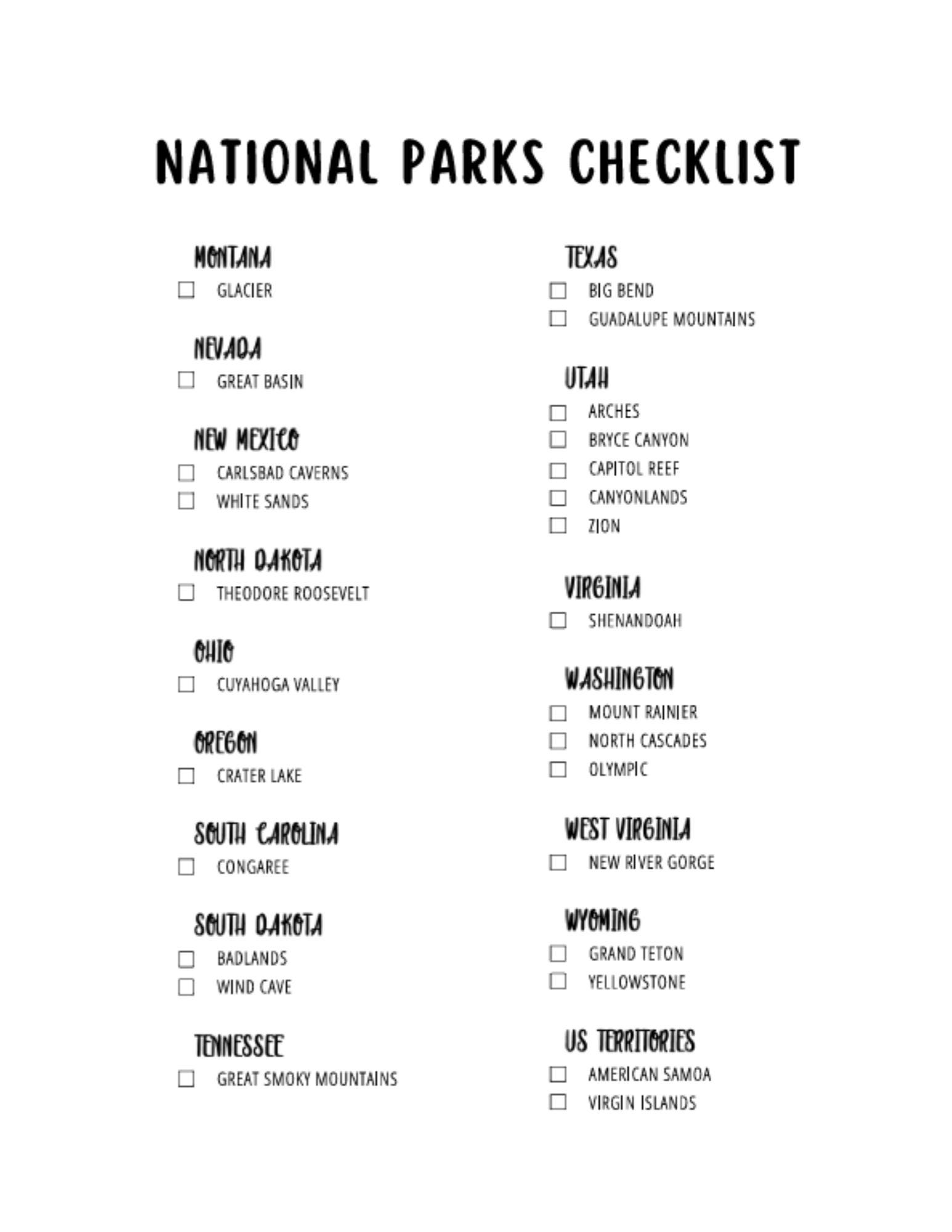 63 USA National Park Check List, Printable Digital File of All US ...