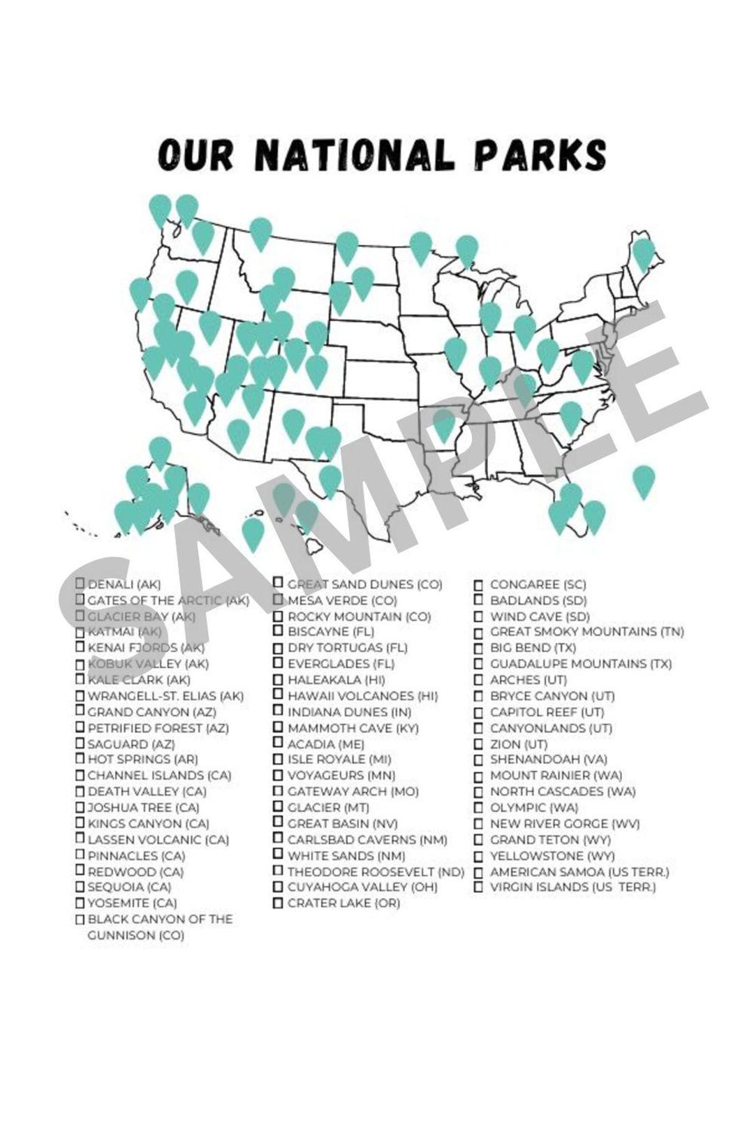 63 USA National Park Check List, Printable Digital File of All US ...