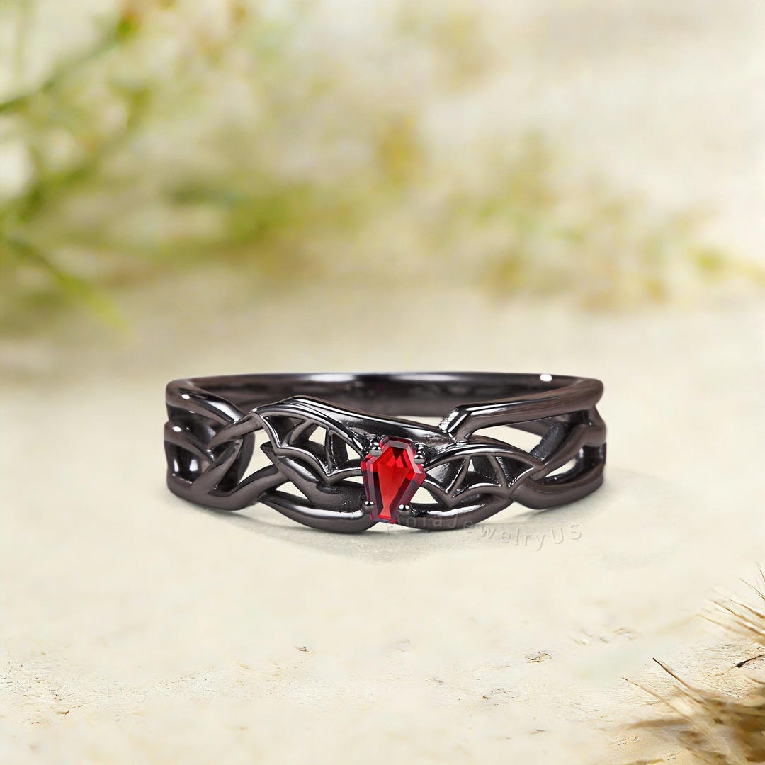 Gothic Spider Wedding Band, Nature Inspired Coffin Cut Ruby Wedding ...