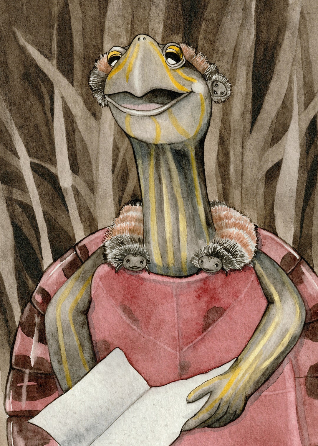 Caroling Cooter, Original Watercolor Painting of a Turtle Singing With ...