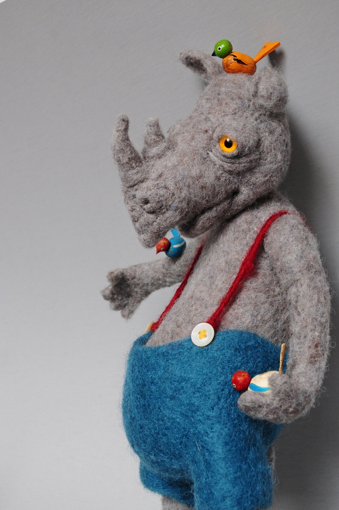 Rufus the Rhino, OOAK Needle Felted Sculpture With Vintage Accessories ...
