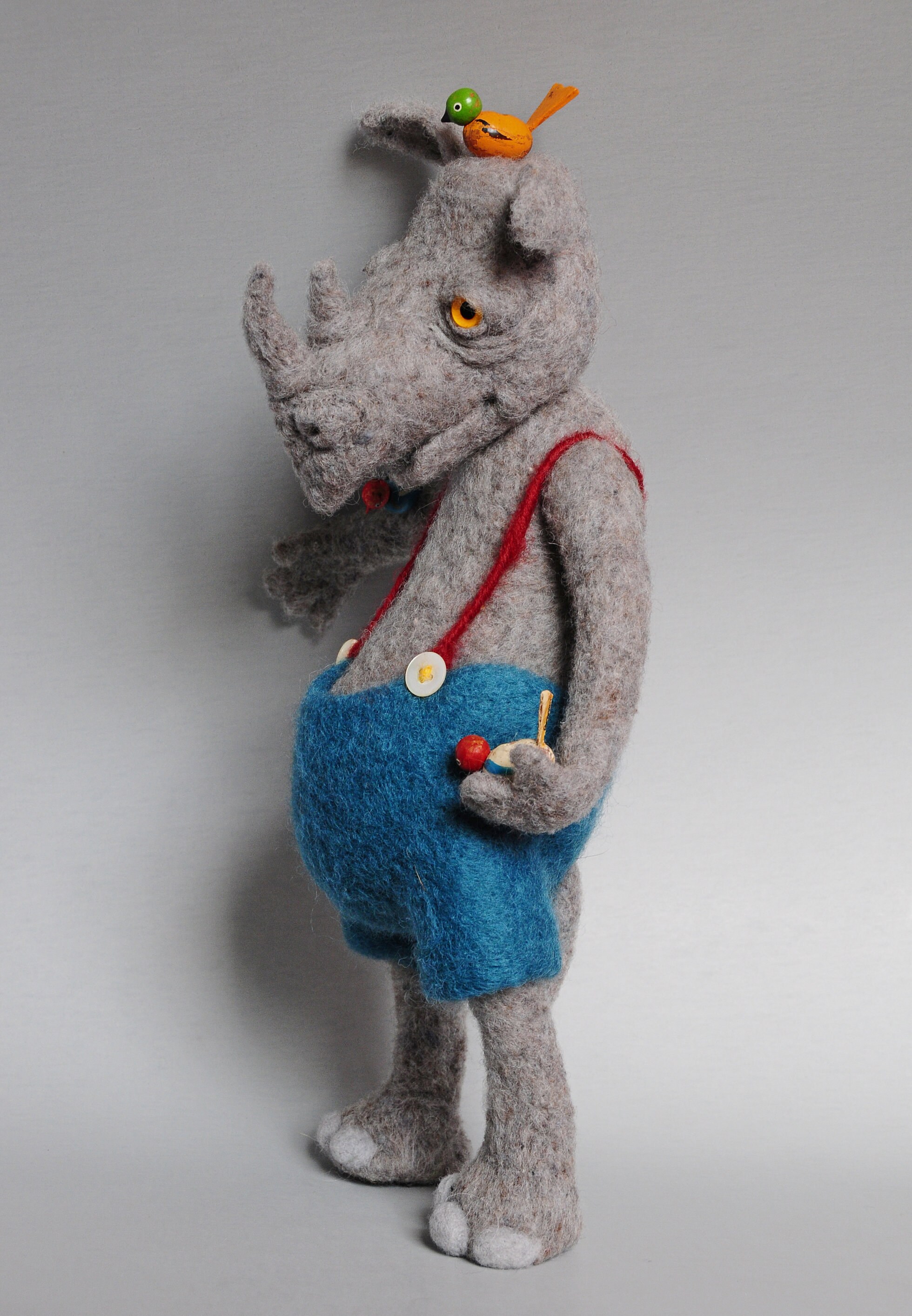 Rufus the Rhino, OOAK Needle Felted Sculpture With Vintage Accessories ...