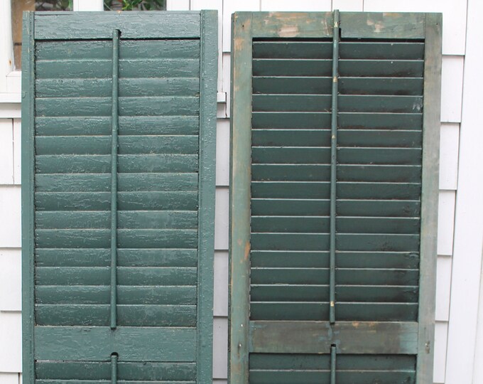 Pair of 56 Antique Wood Shutters // Old Green Paint // Louvered // 56 X ...