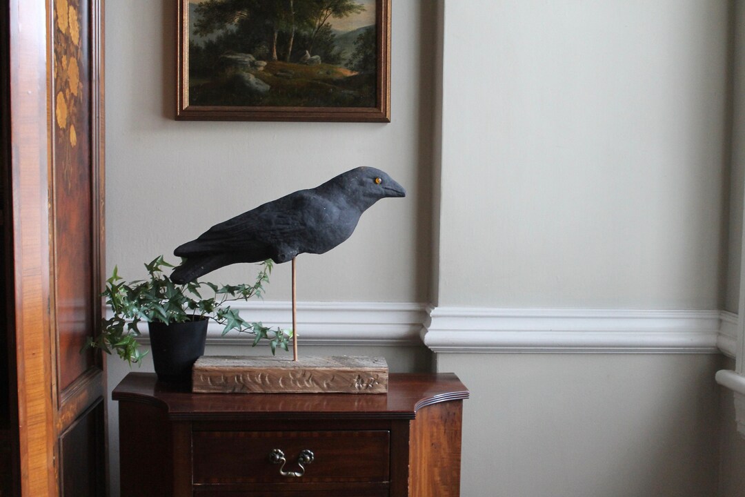 Antique Papier Mache Crow With Glass Eyes on Stand Primitive Autumn ...