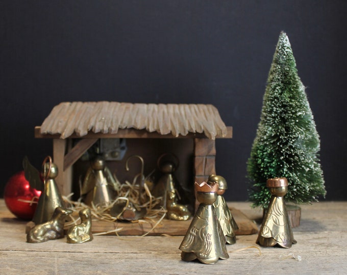 Vintage Wood Nativity 10 Brass Miniature Figurines Music Box Manger ...