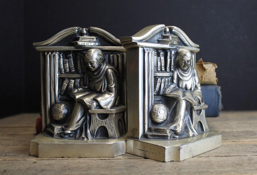 Pair Bookends Monks Reading in Library Cast Silver Metal Bookends - Etsy