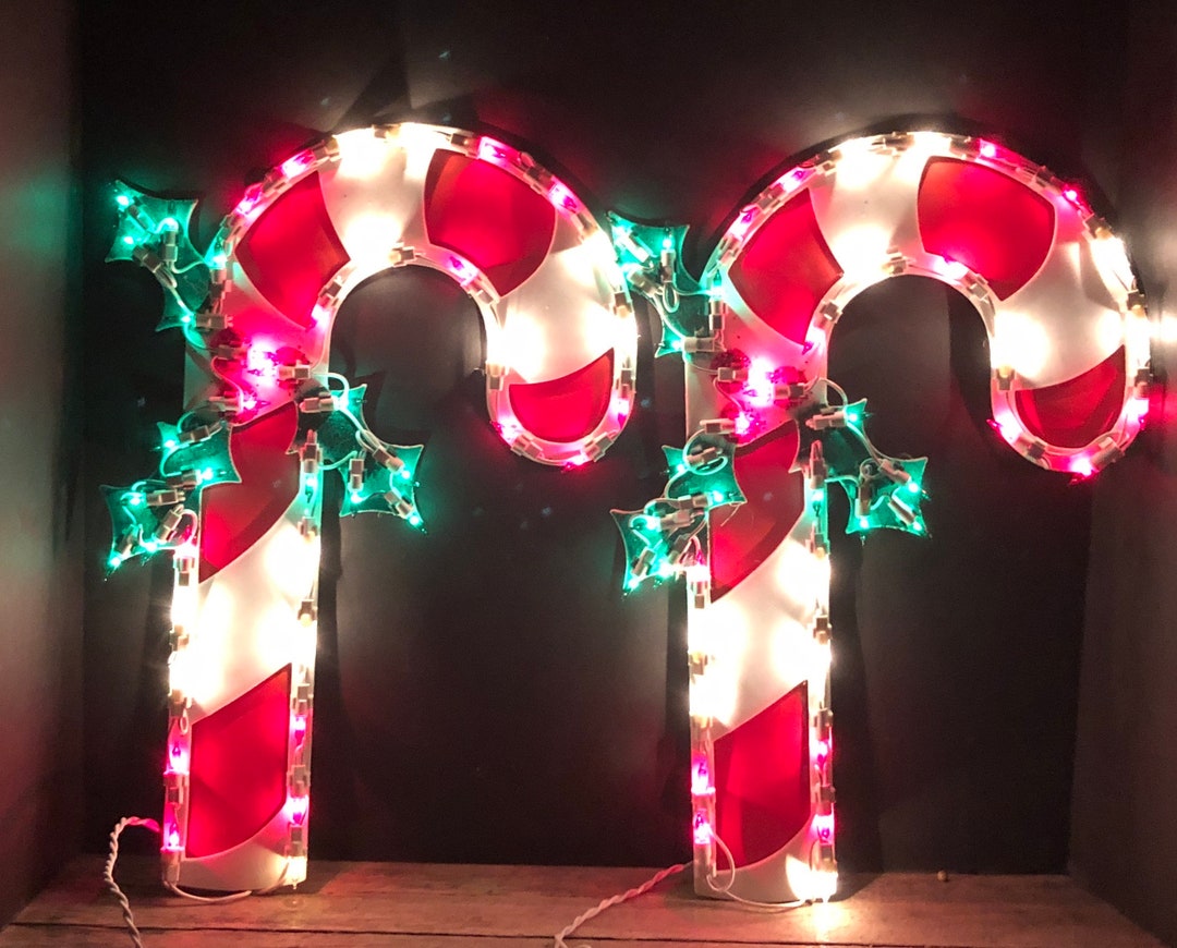 2 Lighted Plastic Candy Canes Holiday Time Retro Christmas Wondow Decor ...