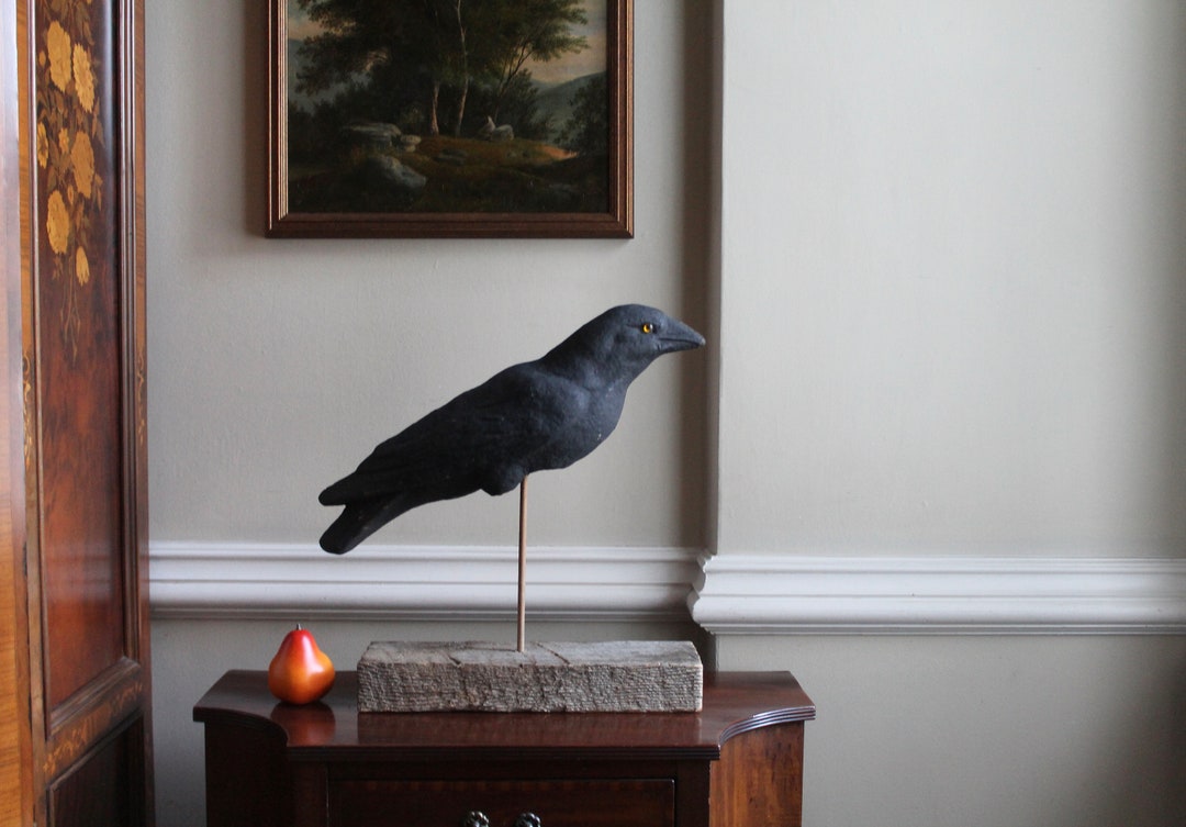 Antique Papier Mache Crow With Glass Eyes on Stand Primitive Autumn ...