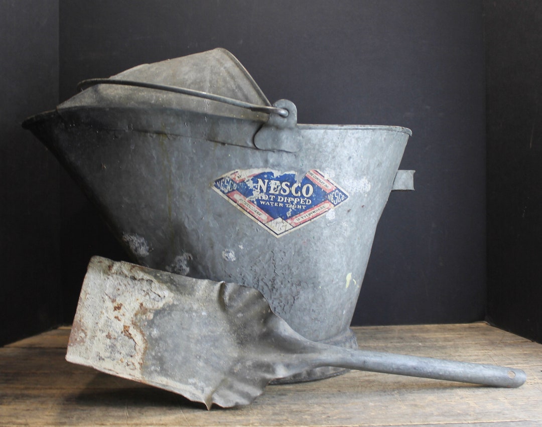 Vintage Nesco Galvanized Metal Ash Bin and Shovel Coal Bucket Fireplace ...