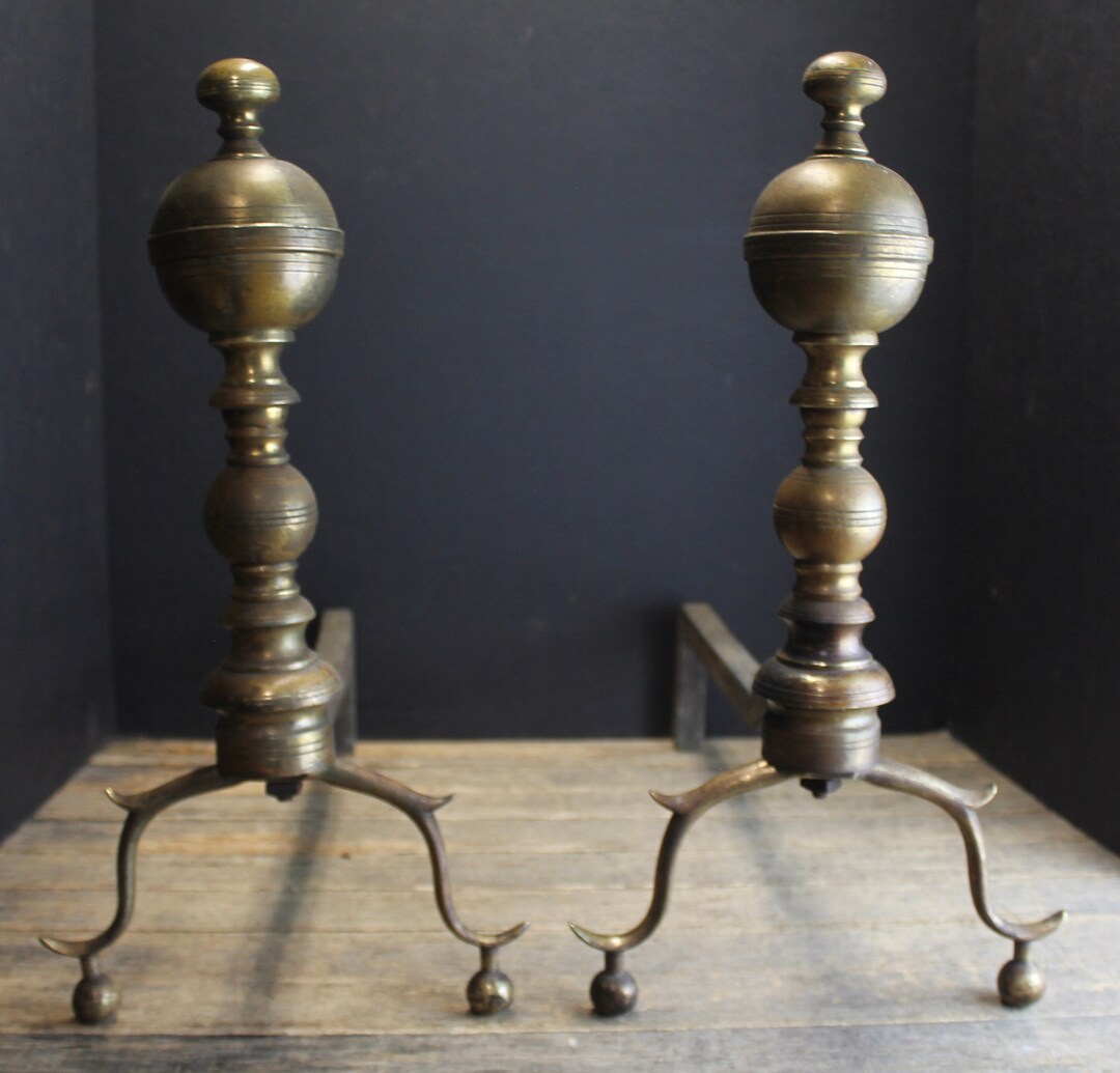 Antique Classic Brass Andirons Elegant Fireplace Andirons Aged Patina ...