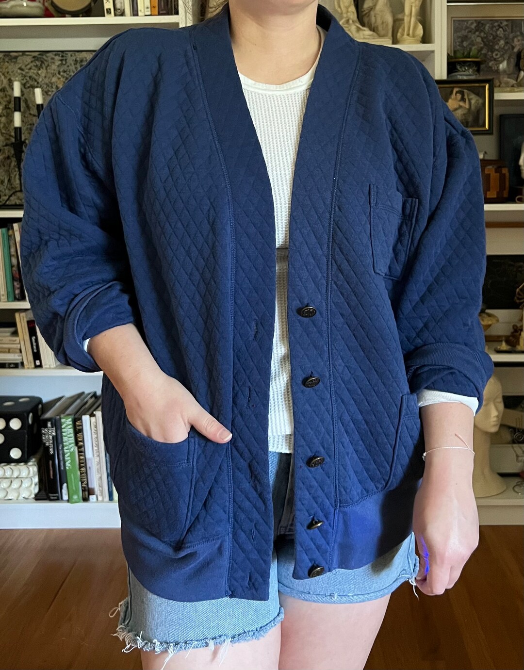 Vintage 1990s Blue Quilted Oversized Cardigan - Etsy