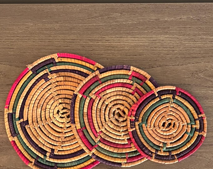 Vintage 1970s Straw Trivets Set of 3 / Round Woven Bohemian Kitchen ...