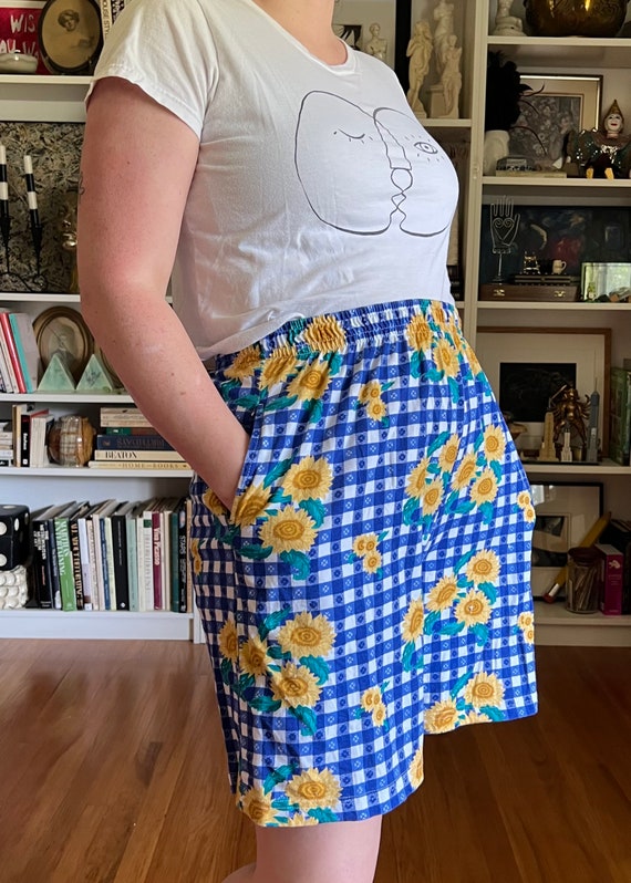 Vintage 1990s Blue Checkered Sunflower Short Set - Gem