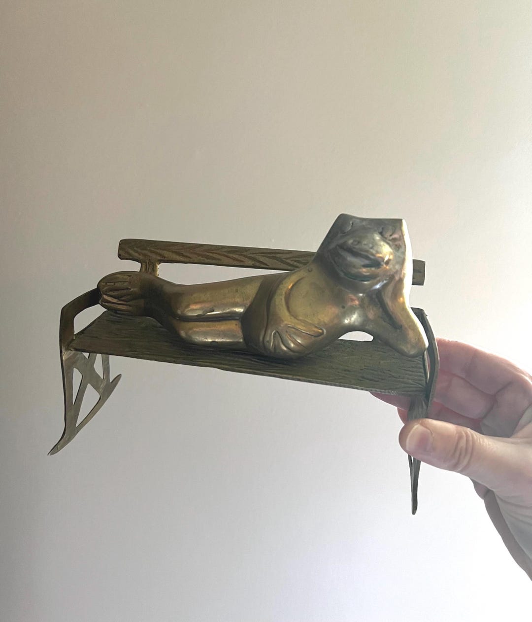 Vintage Solid Brass Frog Statue / Relaxing Frog on Rocking Chair Bench ...