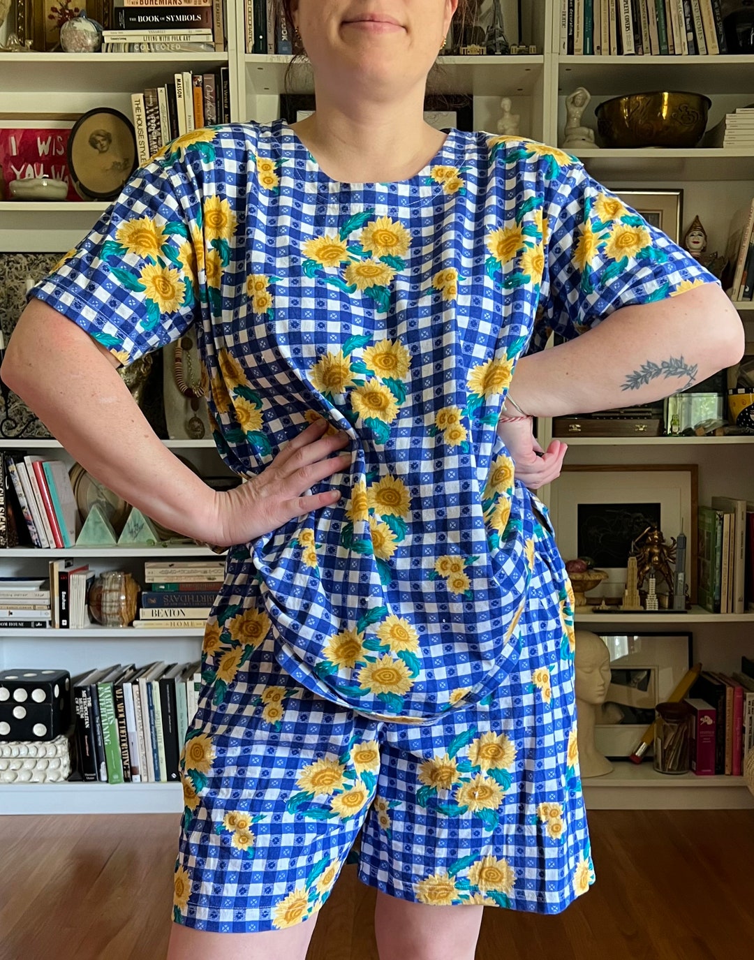 Vintage 1990s Blue Checkered Sunflower Short Set - Etsy