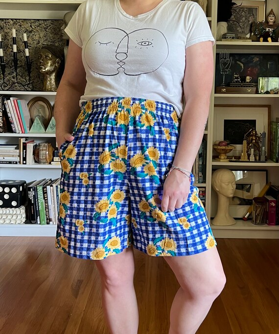 Vintage 1990s Blue Checkered Sunflower Short Set - Gem