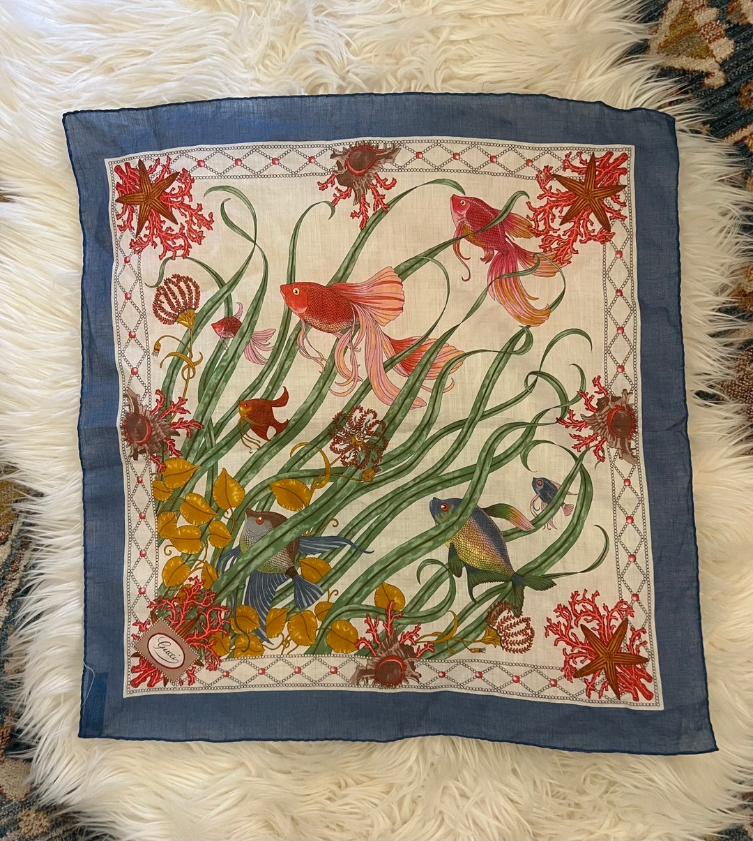 Vintage Gucci 18.5x18.5 Blue Sea Life Cotton Scarf - Etsy