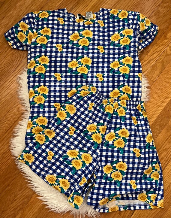 Vintage 1990s Blue Checkered Sunflower Short Set - Gem