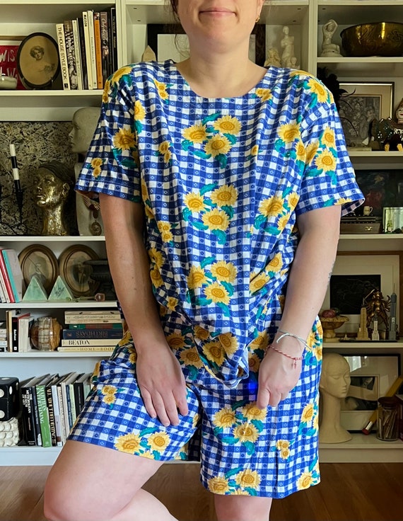 Vintage 1990s Blue Checkered Sunflower Short Set - Gem