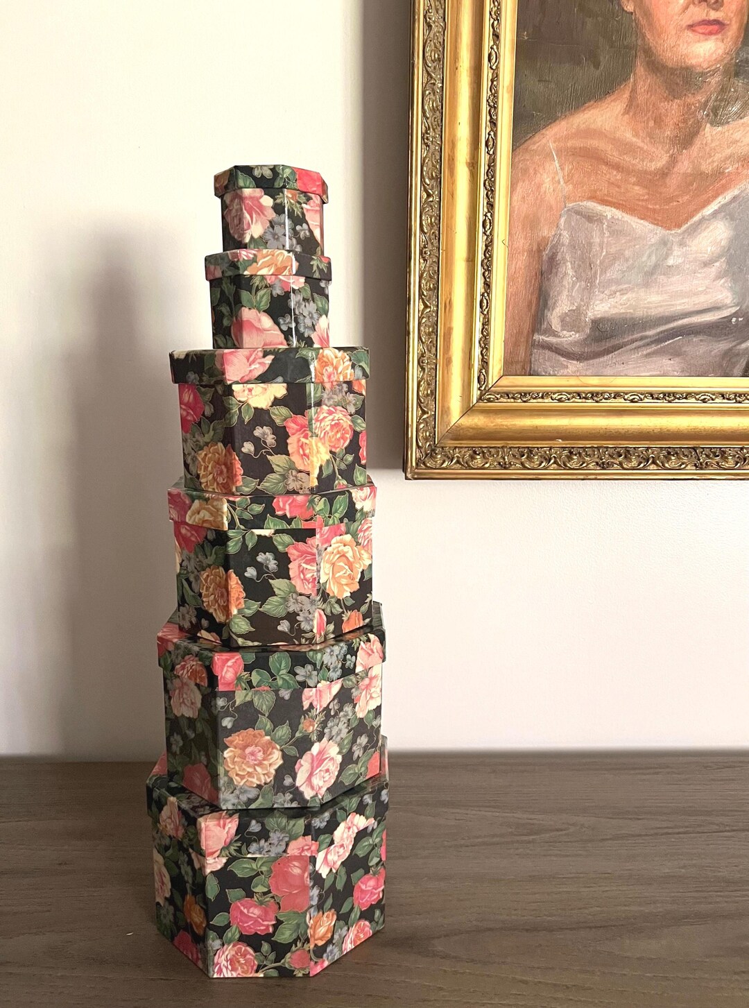 Vintage 1980s Cardboard Storage Dark Floral Nesting Boxes / Shabby Chic ...