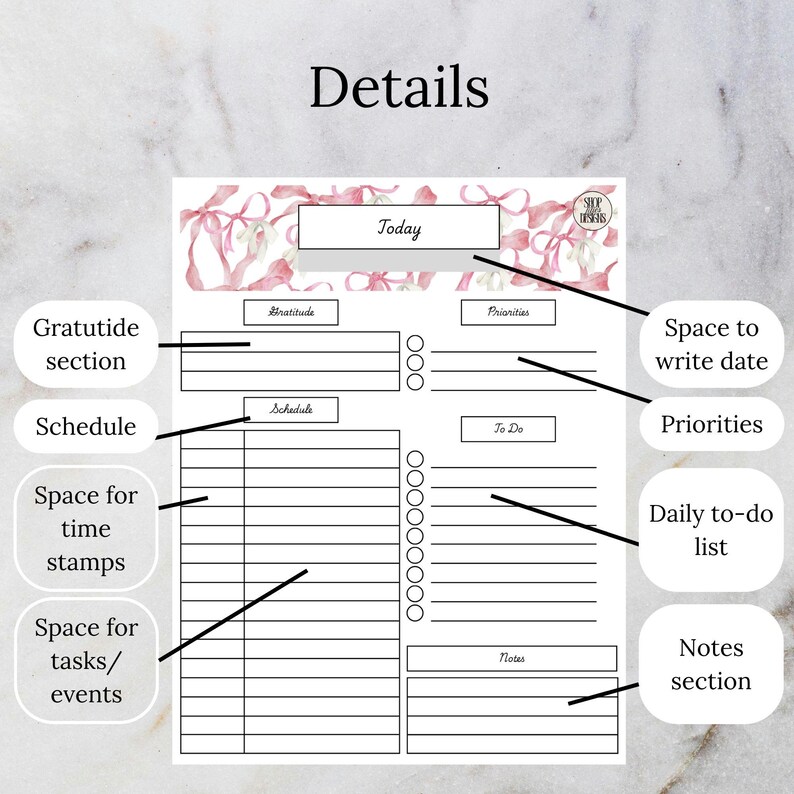 Daily Planner Pink Bows Spring 2026 Gratitude Schedule Priorities to Do ...