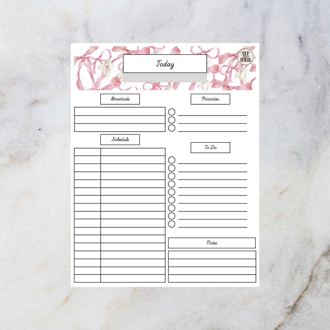 Daily Planner Pink Bows Spring 2026 Gratitude Schedule Priorities to Do ...