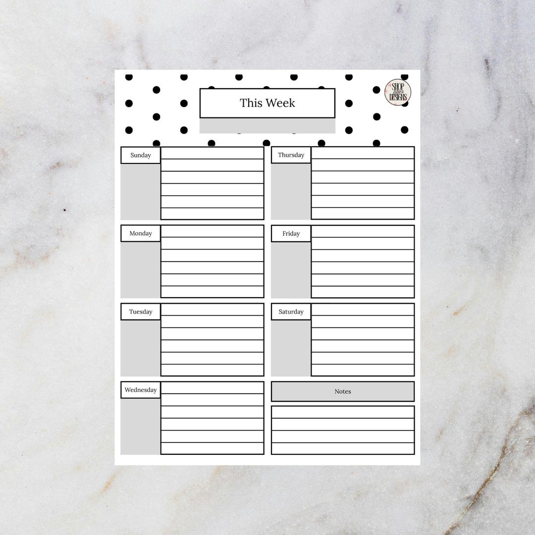 Black and White Chic Polka Dot 2026 Spring Weekly Planner 7 Day Sunday ...