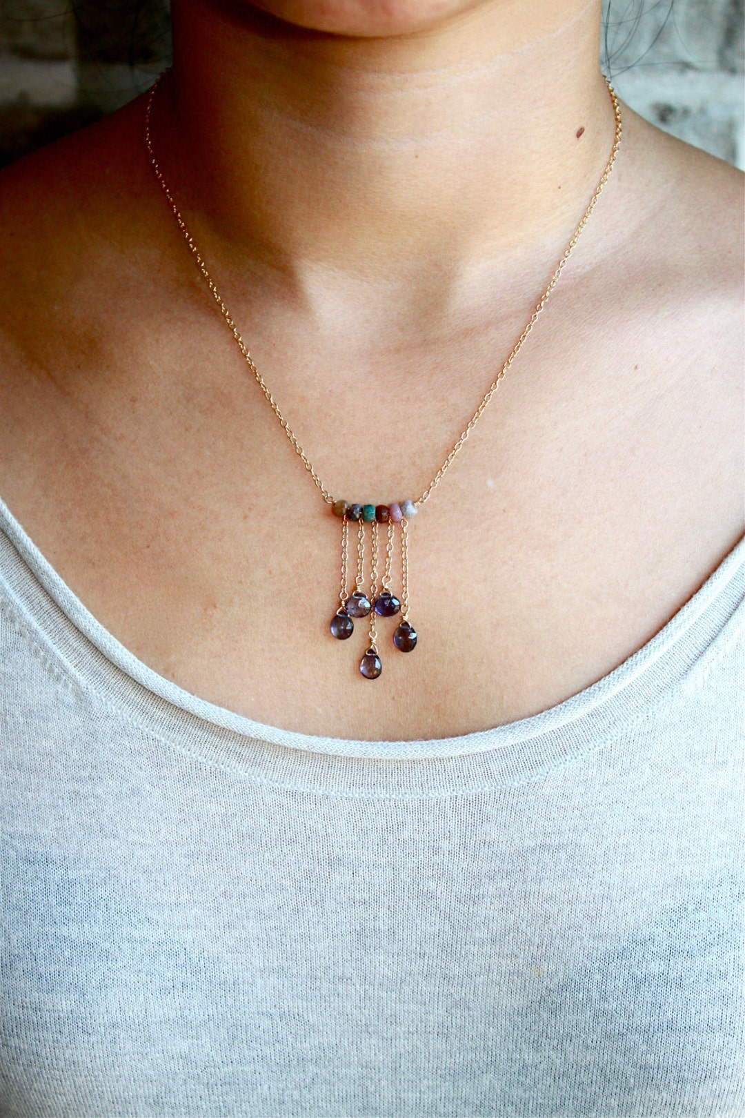 Purple Iolite Fringe Necklace With Jasper Stones, 14kt Gold Filled ...