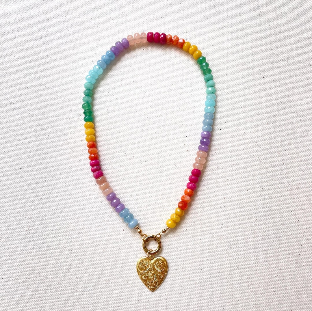 Rainbow Gemstone Necklace With Gold Charm Holder - Etsy