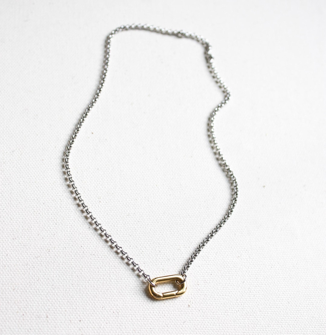 Silver Chain Carabiner Necklace, Mixed Metal Necklace, Charm Holder ...