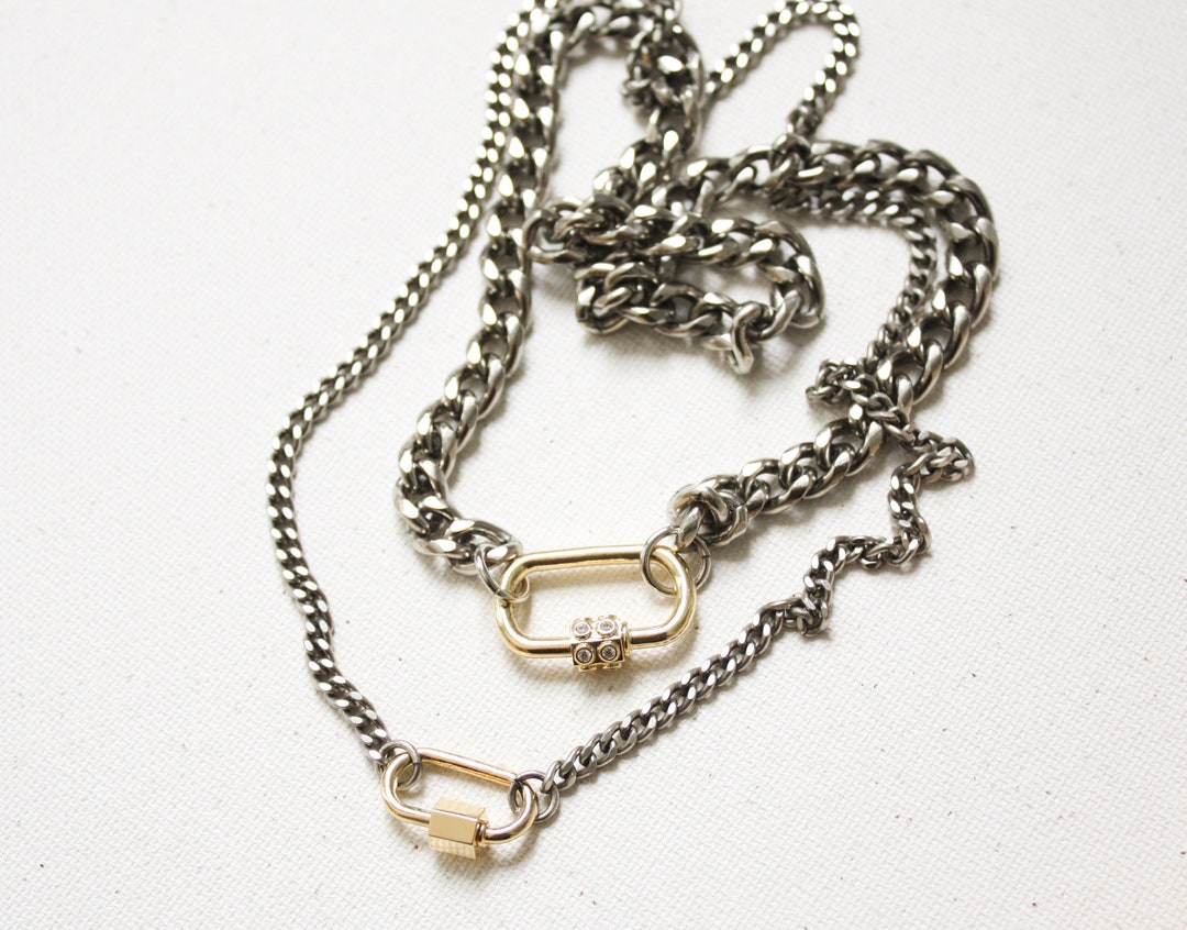 Silver Curb Chain Carabiner Necklace, Mixed Metal Necklace, Curb Chain ...