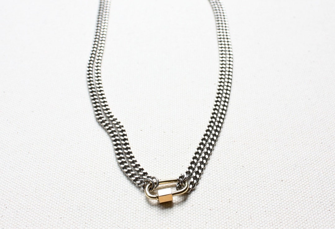 Silver Curb Chain Carabiner Necklace / Double Strand Chain Sterling ...