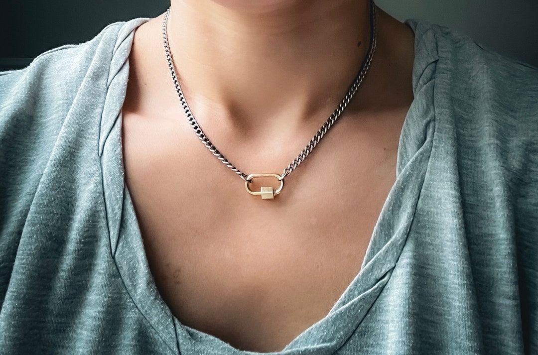Silver Curb Chain Carabiner Necklace, Mixed Metal Necklace, Curb Chain ...