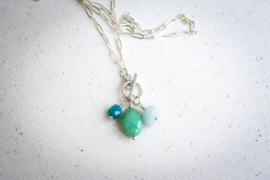 Blue Apatite, Chrysoprase, Aquamarine Gemstone Necklace: Sterling ...