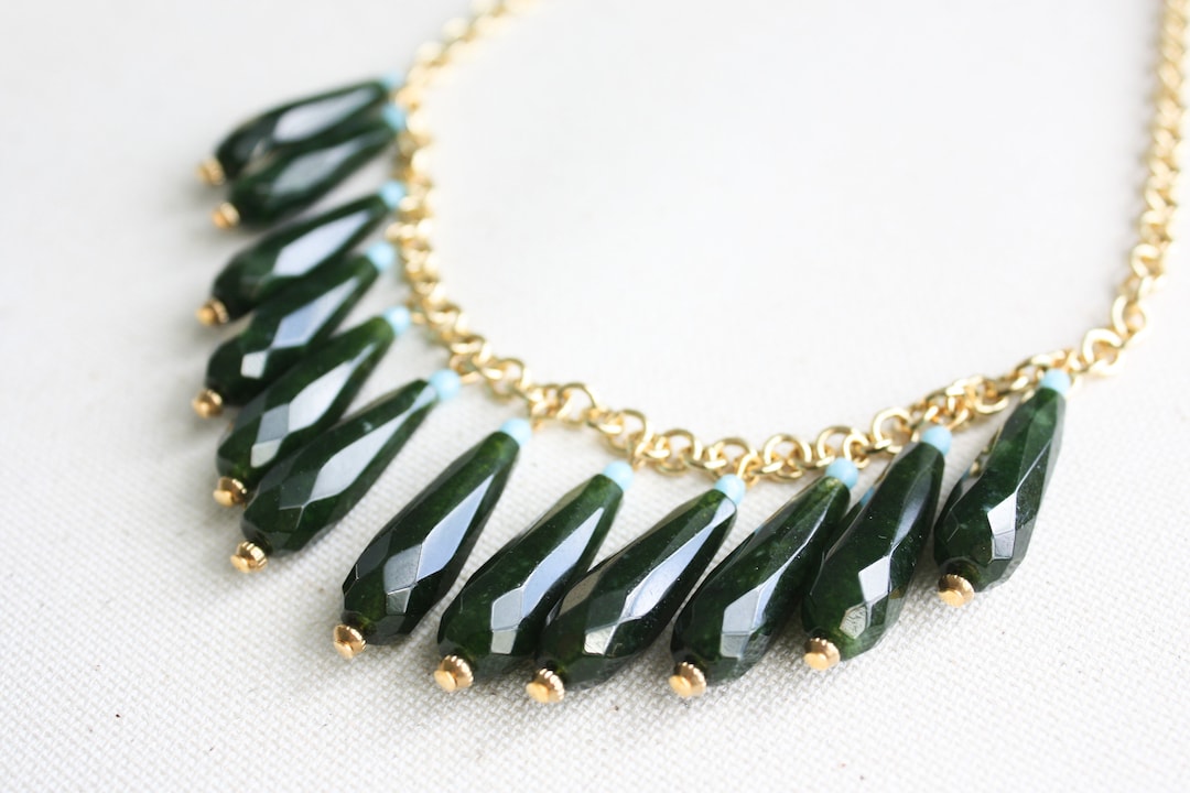 Jade and Thick Gold Chain Statement Necklace, Green Jade Teardrop ...