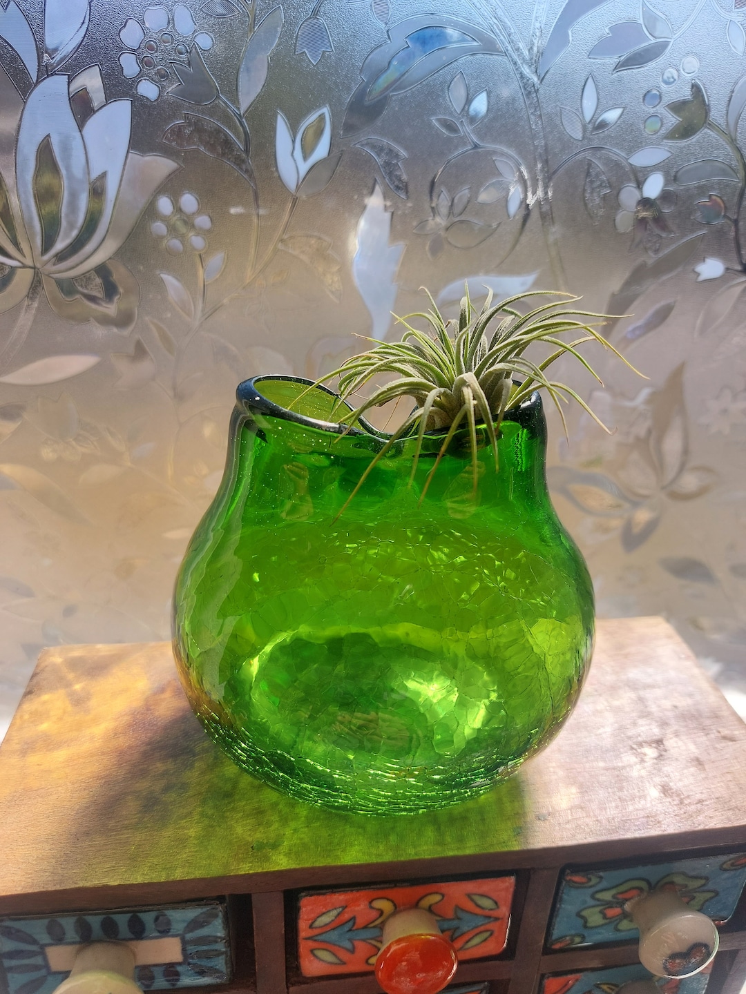 Vintage Blenko Pinched Glass Vase, Crackle Green. - Etsy