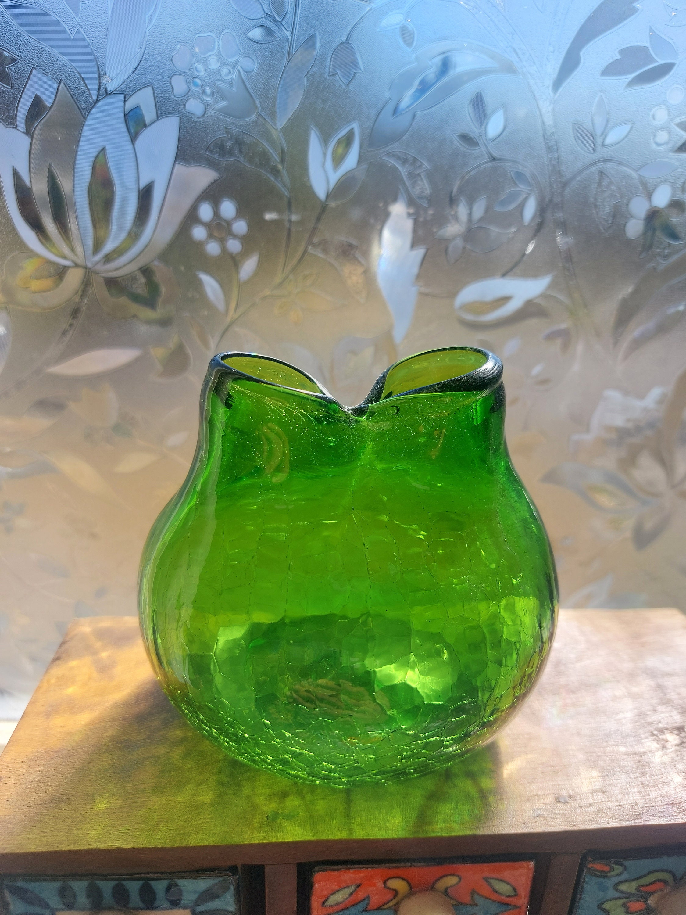 Vintage Blenko Pinched Glass Vase, Crackle Green. - Etsy