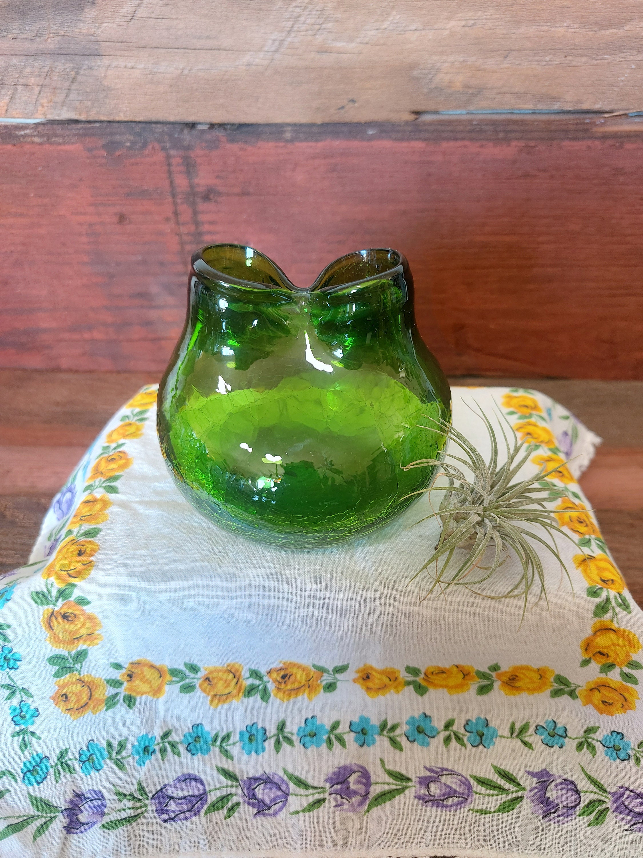 Vintage Blenko Pinched Glass Vase, Crackle Green. - Etsy