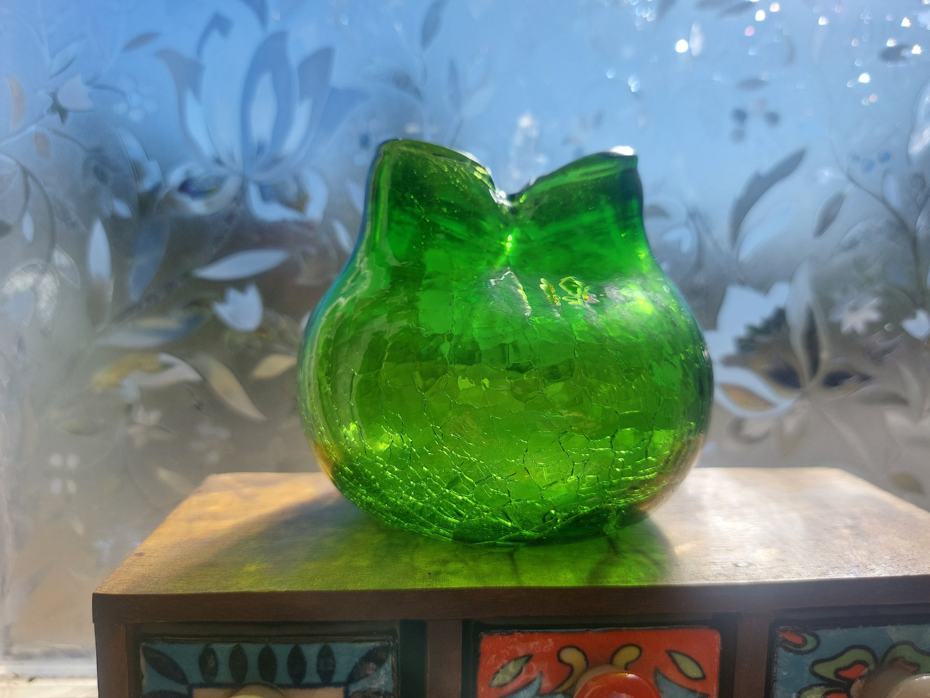 Vintage Blenko Pinched Glass Vase, Crackle Green. - Etsy